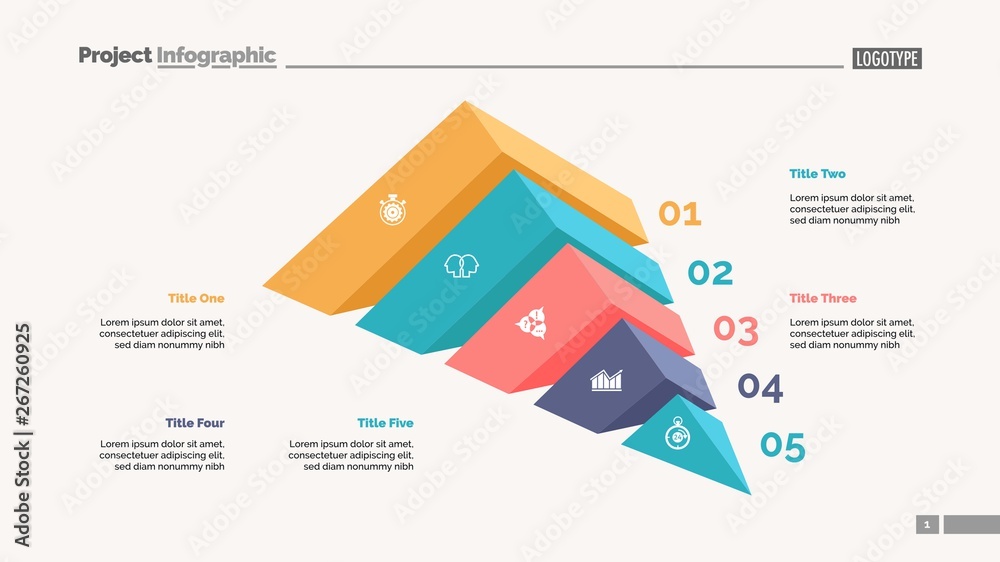 Five elements process chart slide template. Business data. Number, step ...