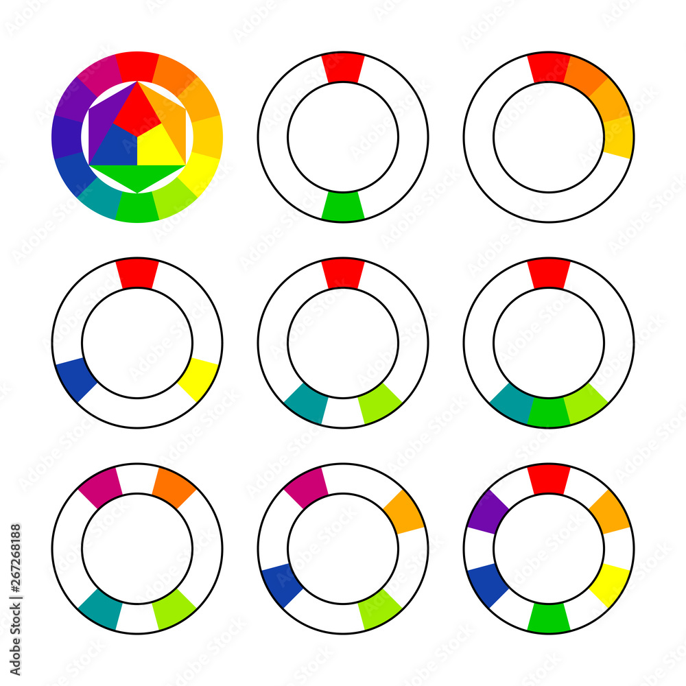 Color schemes and harmonies. Color wheel, spectrum. Scheme selection of ...