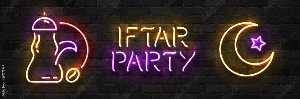 Vector set of realistic isolated neon sign of Iftar Party logo for ...