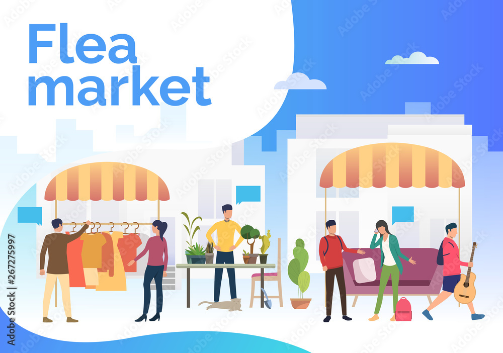Flea market lettering, people selling clothes and plants outdoors ...