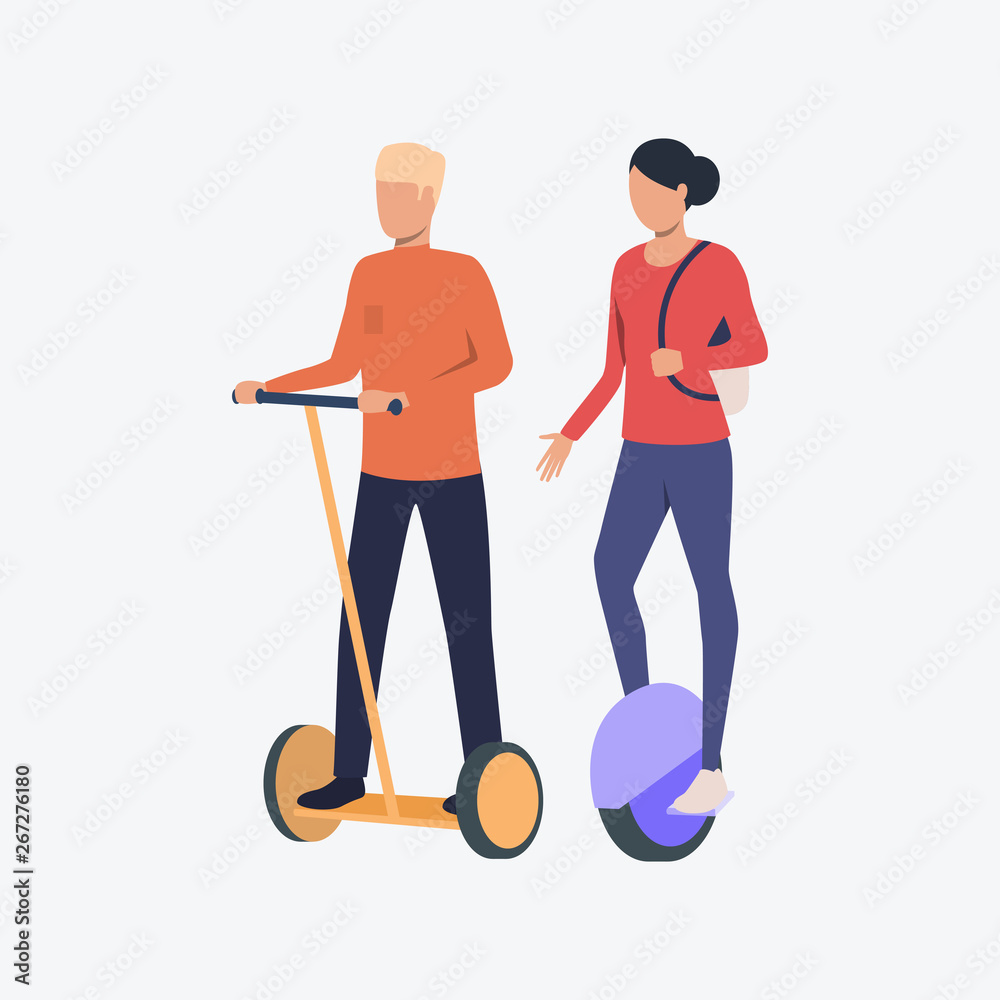 Man and woman riding segway and monowheel. Sport, recreation, leisure ...