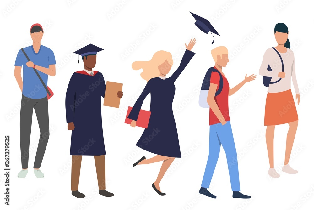 Collection of students celebrating graduation. Flat cartoon characters ...