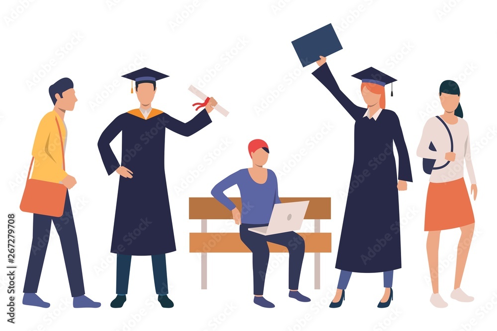 Set of people getting masters degree. Flat cartoon characters ...