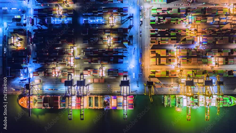 4K Time lapse industrial port with containers from top view or aerial ...