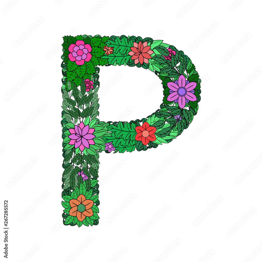 The letter P - bright element of the colorful floral alphabet on a ...