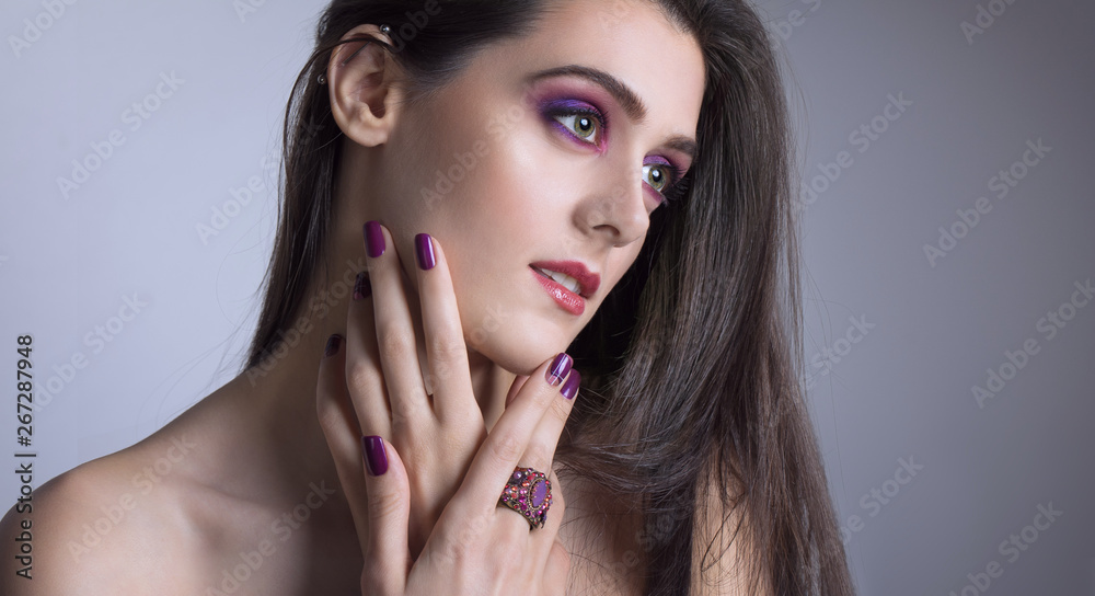 Beauty fashion model girl with nailart and purple make up, hair and ...
