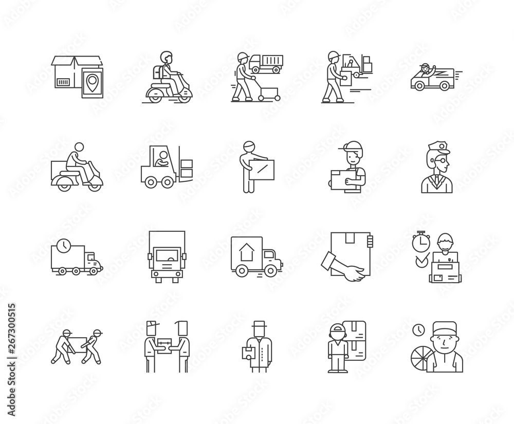 Delivery man line icons, linear signs, vector set, outline concept ...