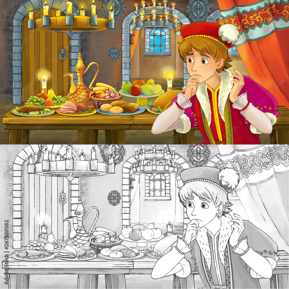 Cartoon fairy tale scene with prince by the table full of food witch ...