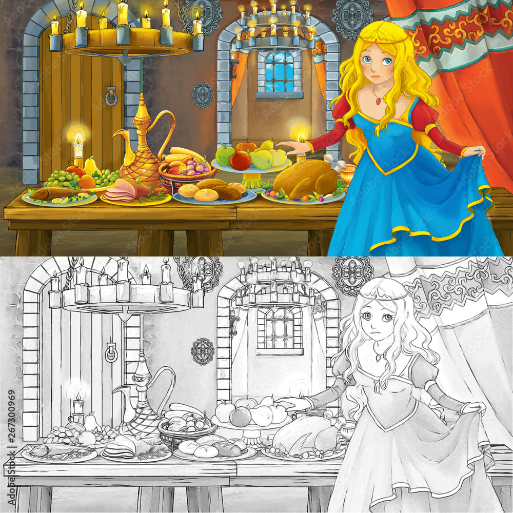 Cartoon fairy tale scene with princess by the table full of food with ...