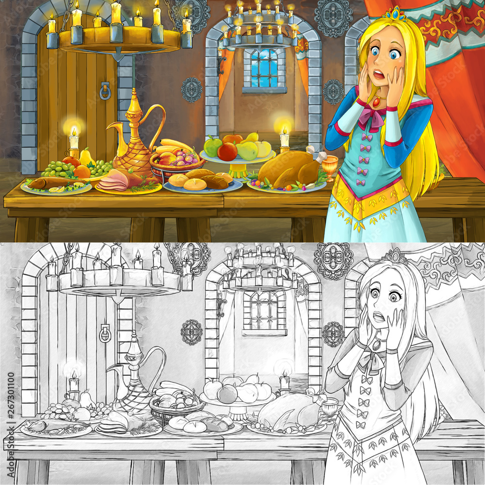 Cartoon fairy tale scene with princess by the table full of food with ...