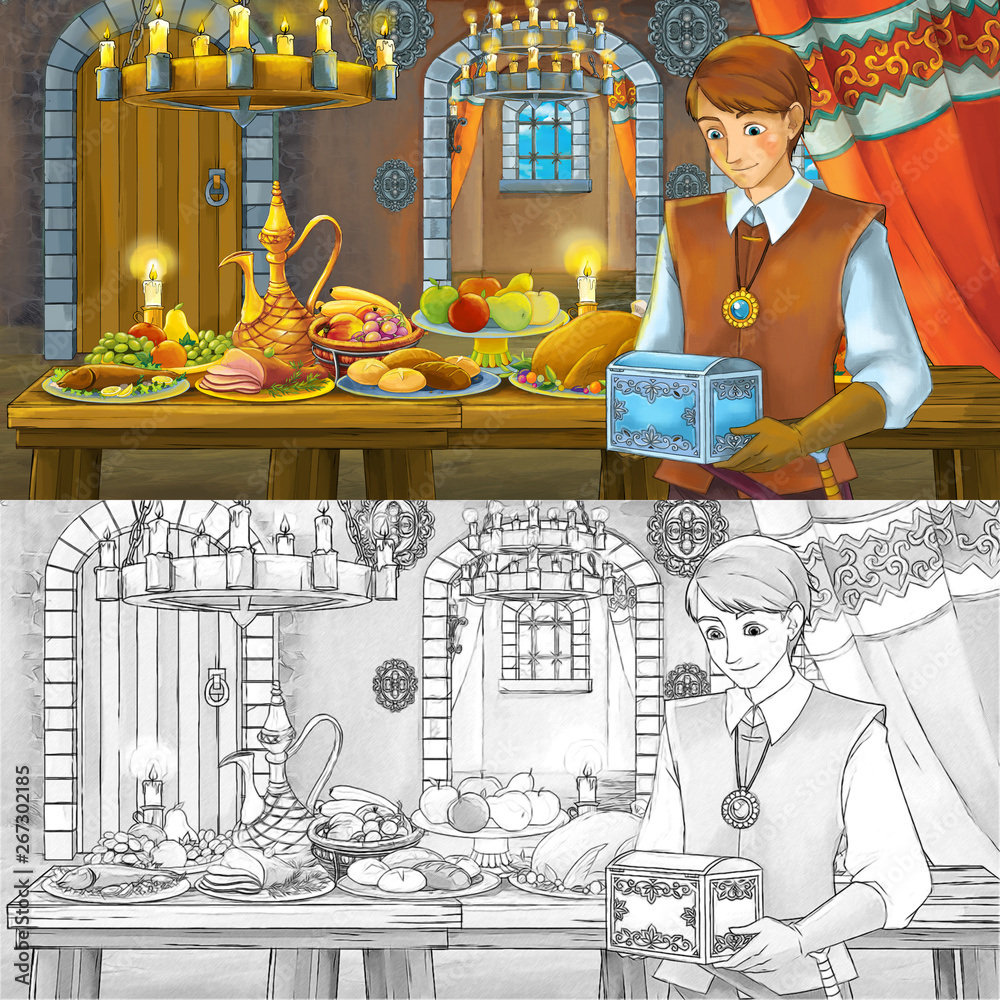 Cartoon fairy tale scene with prince by the table full of food witch ...