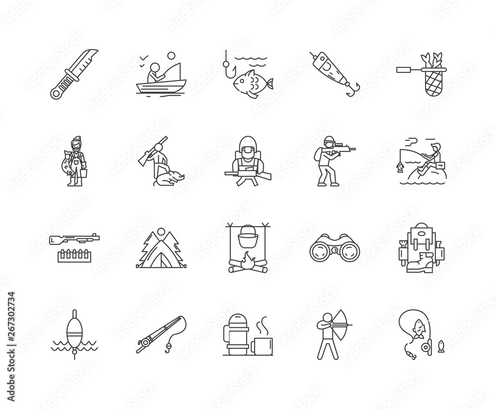 Fishing and hunting line icons, linear signs, vector set, outline ...