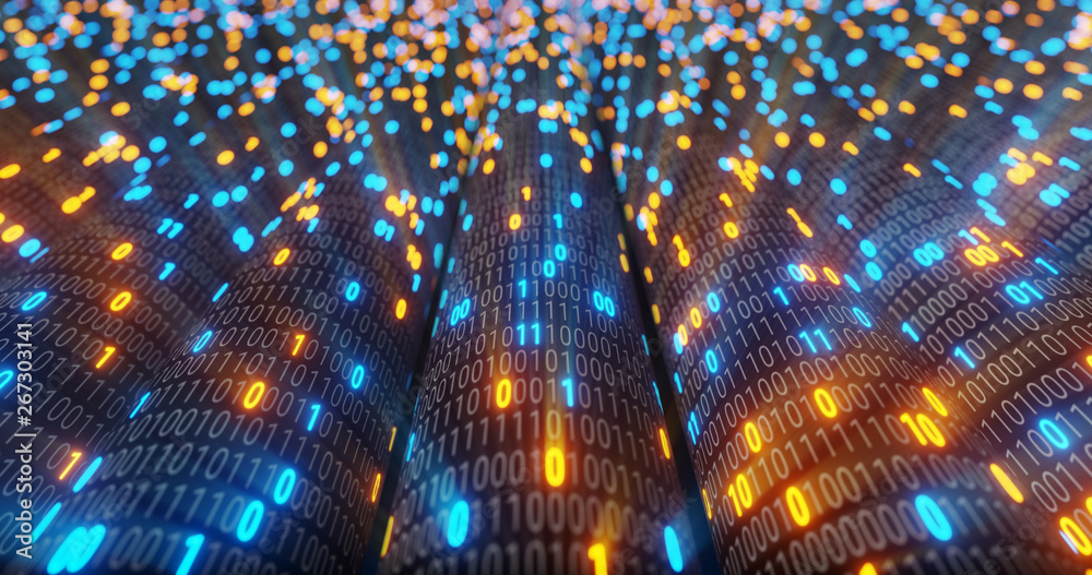 Abstract blue and orange digital binary code matrix background with ...