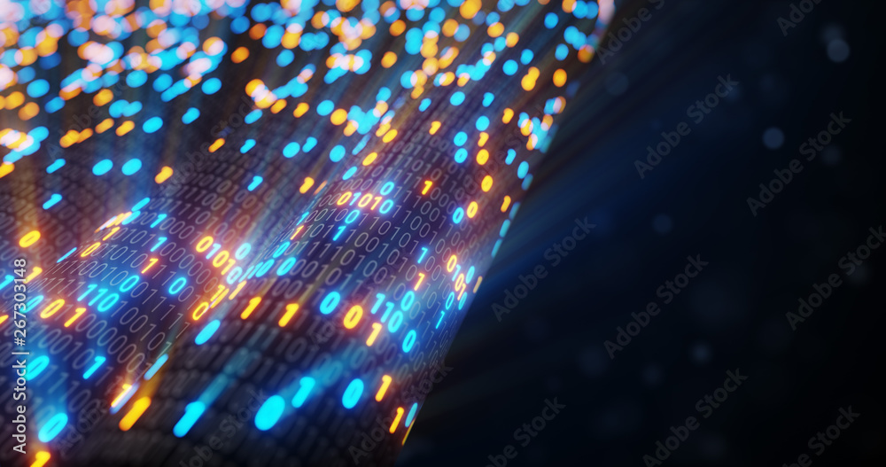 Abstract blue and orange digital binary code matrix background with flare. Futuristic Big data ...