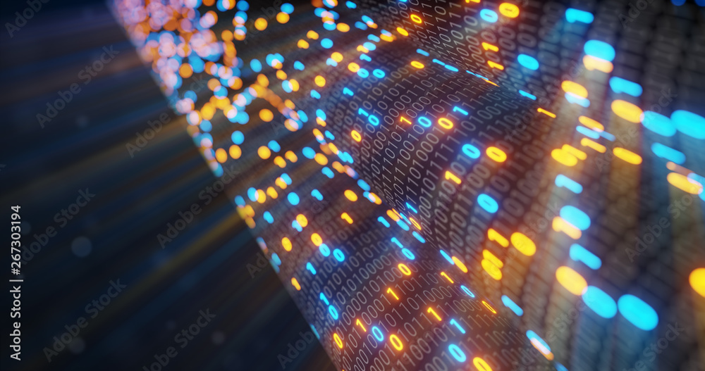 Abstract blue and orange digital binary code matrix background with ...