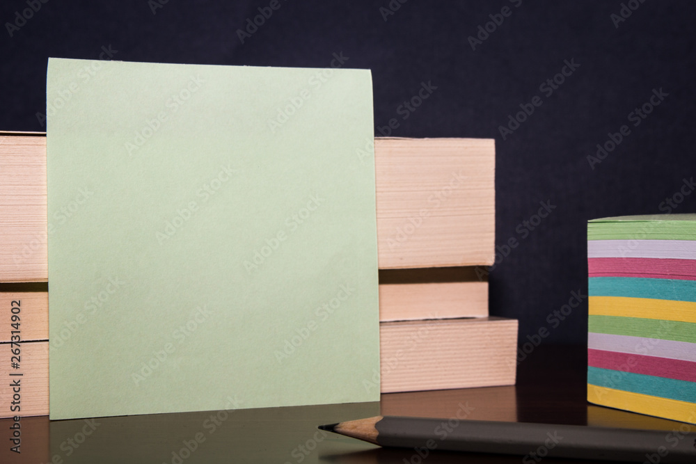 Close up three wooden rectangle boxes standing paper sheet pencil ...