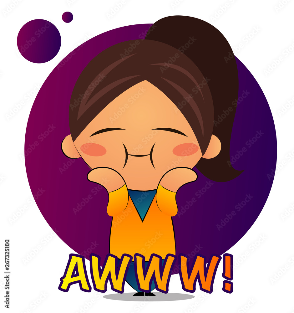Cute girl with brown ponytail saying awww, illustration, vector on ...