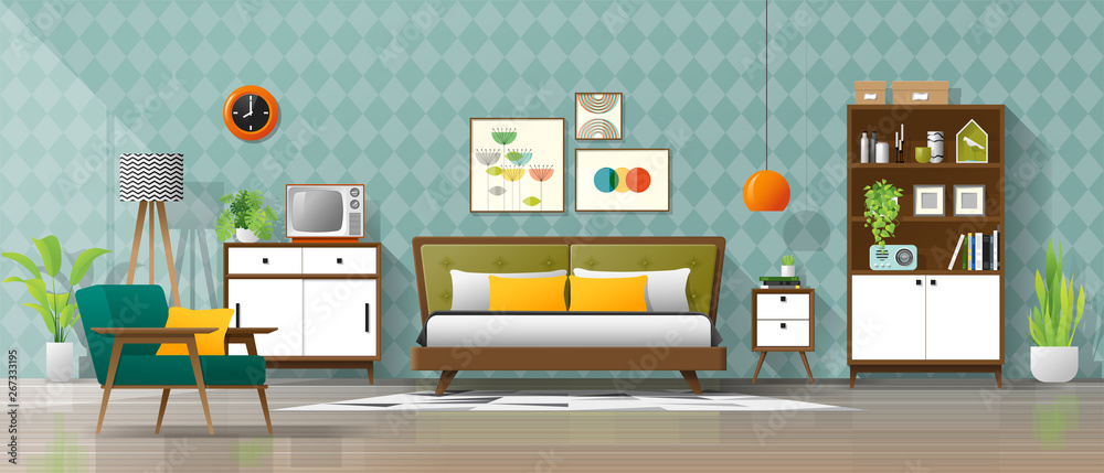 Vintage interior background with mid century modern bedroom , vector ...
