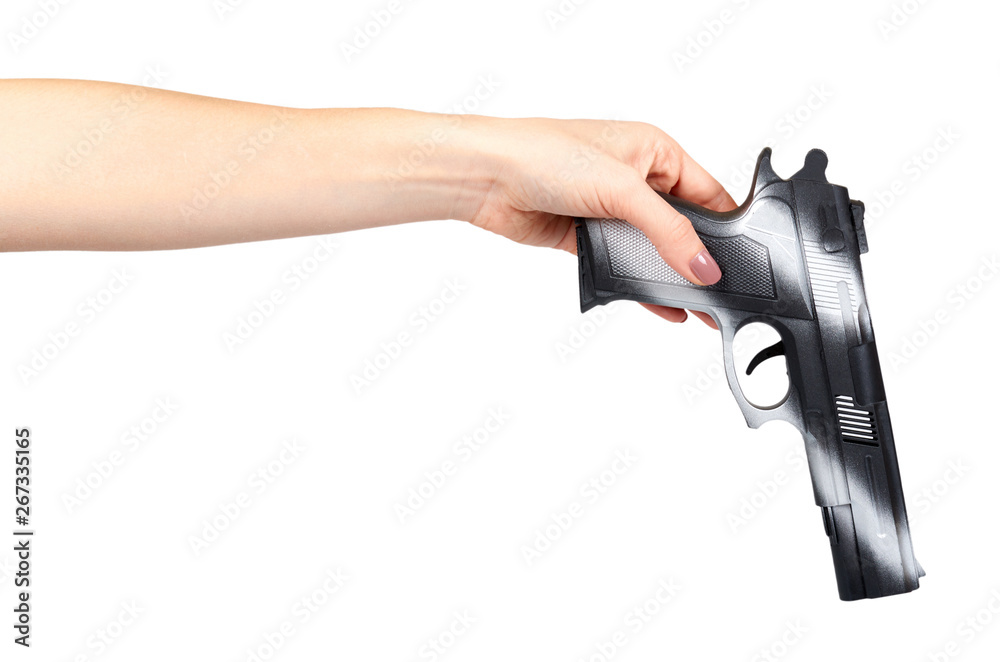 Hand with black gun, side view pistol, crime and military concept ...