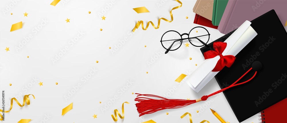 Graduation vector banner. Background Congrats graduates with objects ...