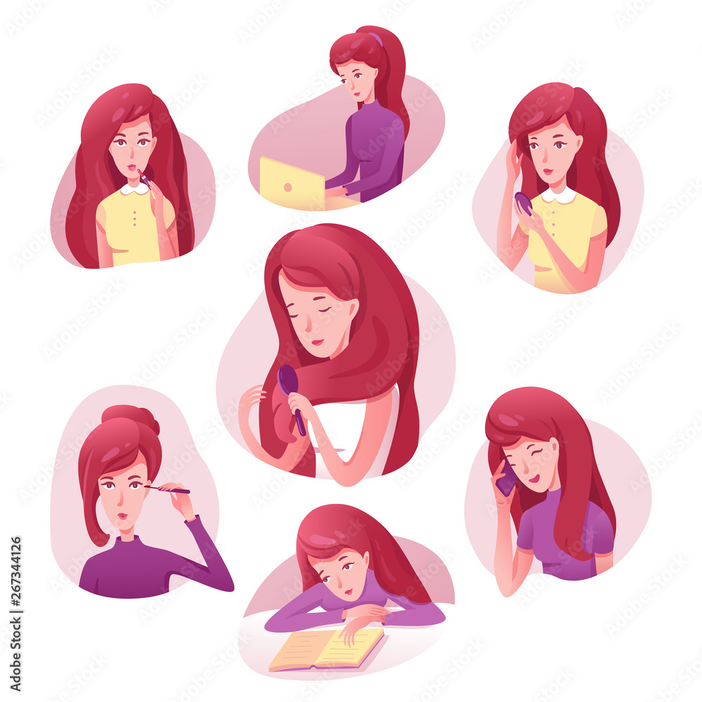 Girl getting ready for work flat illustrations set Stock Vector | Adobe ...