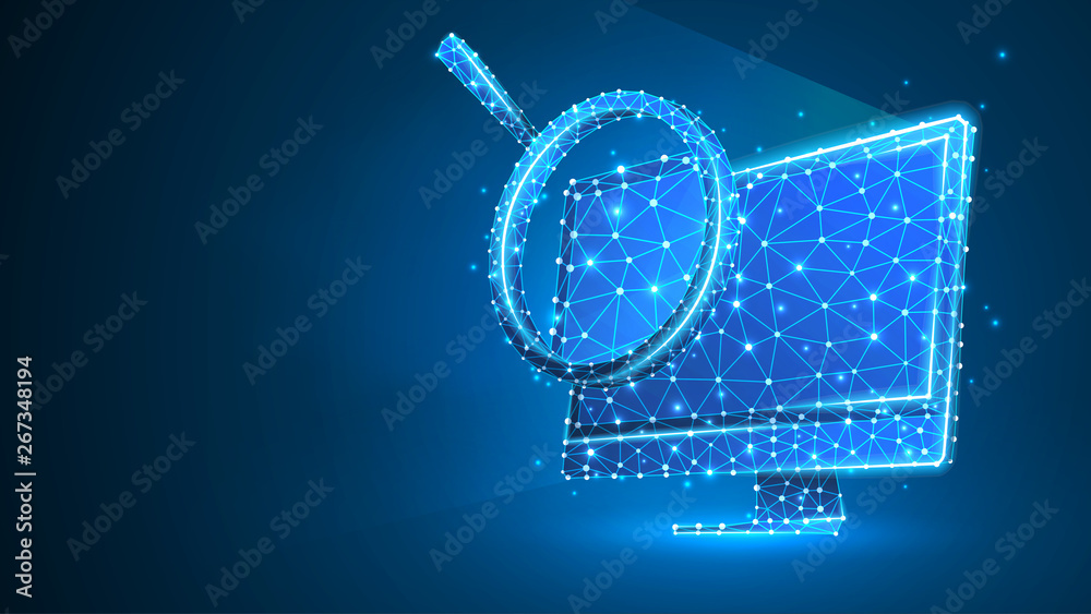 Magnifying glass on computer monitor. Internet surfing, Analysis ...