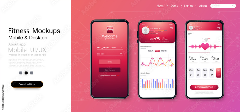 Different UI, UX, GUI screens fitness app and flat web icons for mobile ...