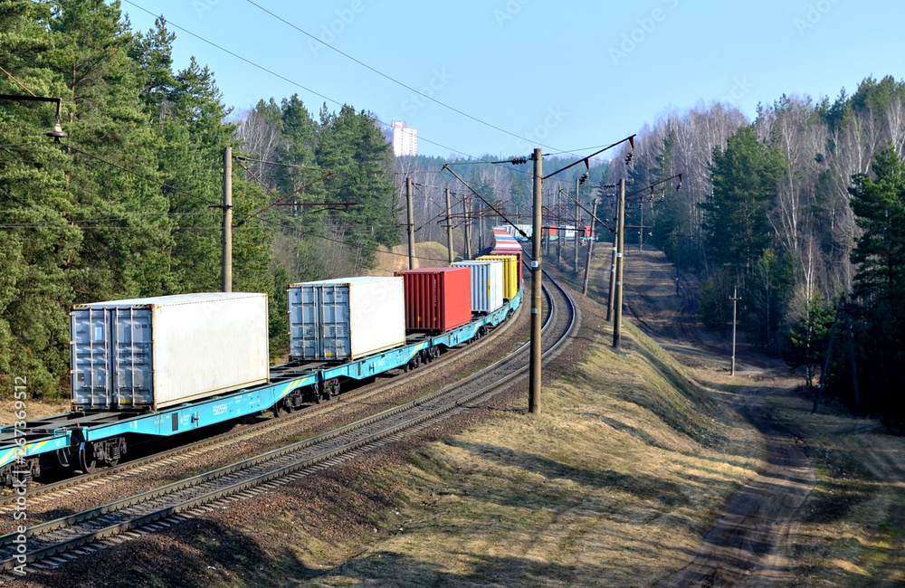 Freight train, transportation of railway cars by cargo containers ...