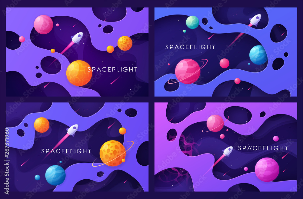 Set of colorful cartoon outer space backgrounds, designs, banners ...