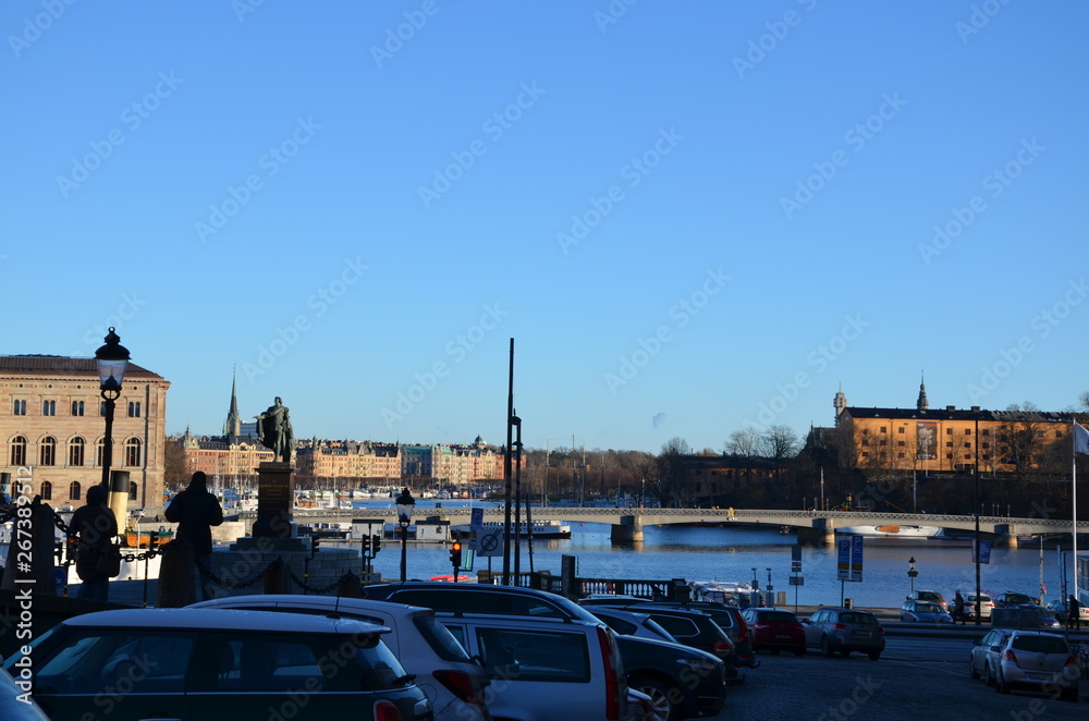 Poster Stockholm city street panorama city stone blocks square shop ...