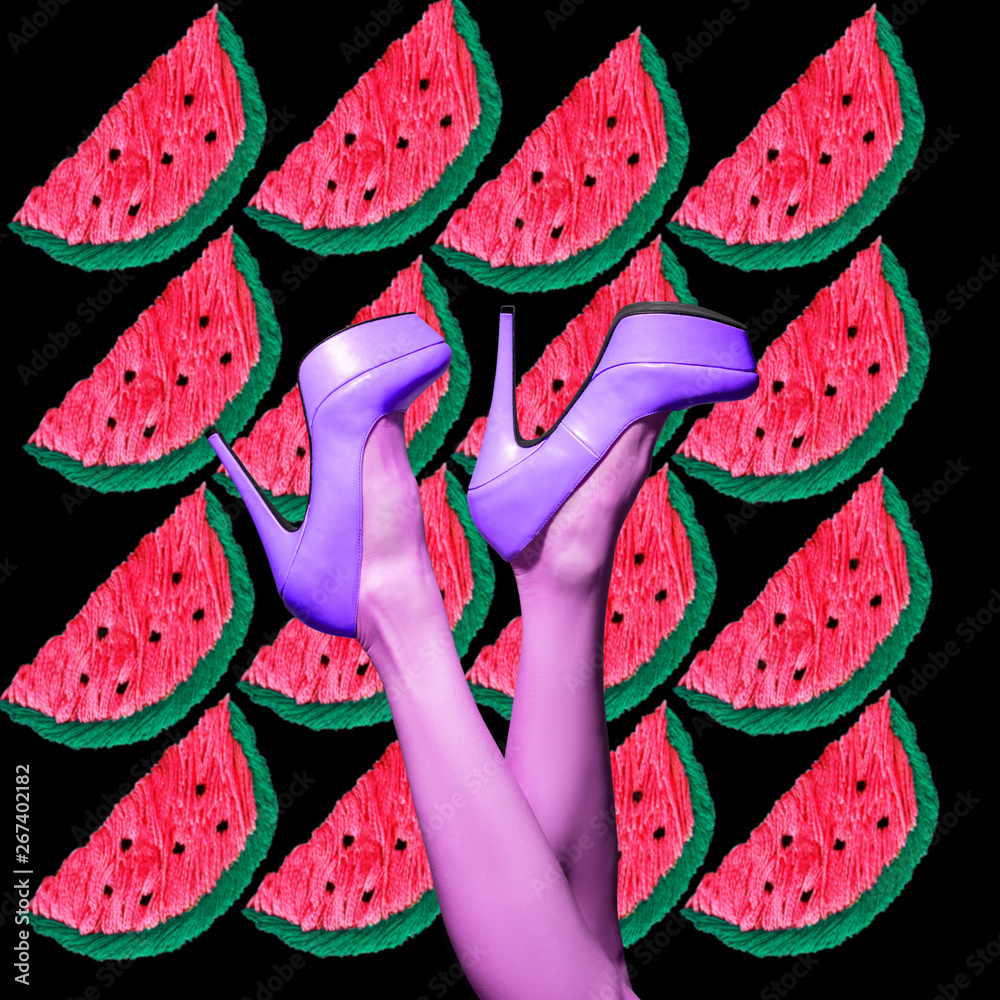 Sexy woman legs wearing high heels over funny watermelon background ...