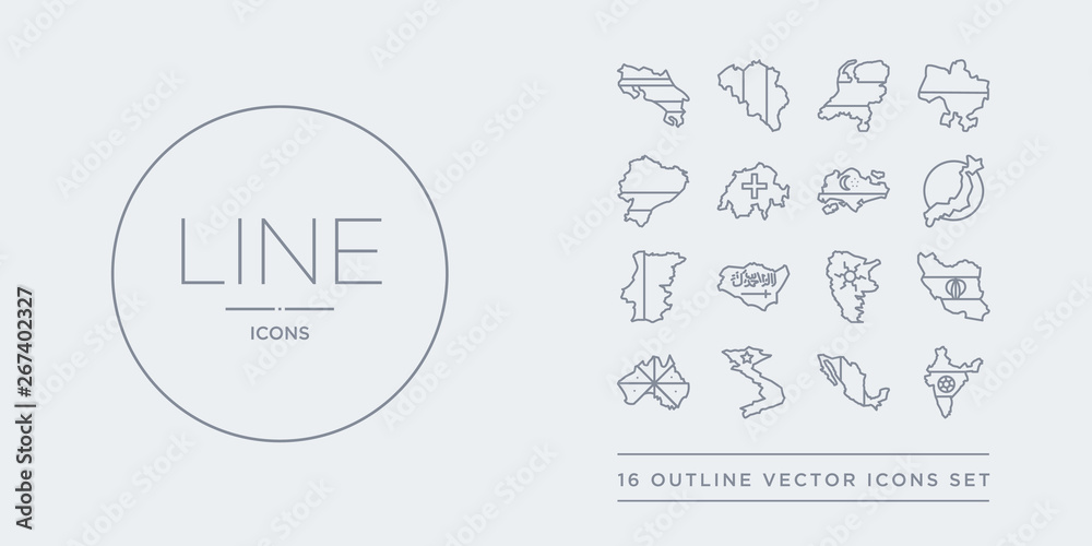16 line vector icons set such as india flag, mexico flag, vietnam flag ...
