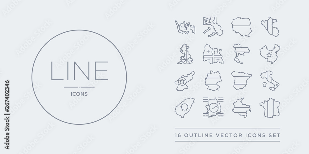 16 line vector icons set such as france flag, colombia flag, south ...