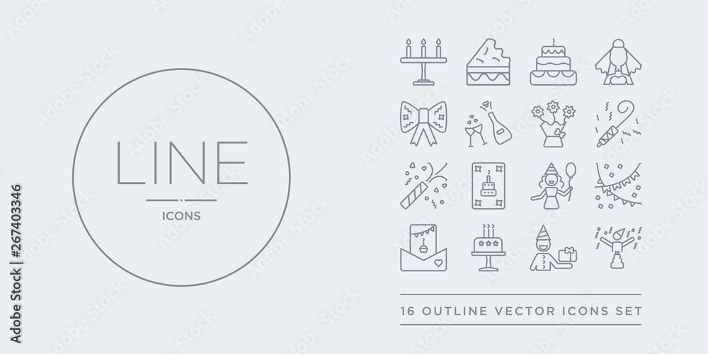 16 line vector icons set such as birthday, birthday boy, birthday cake ...