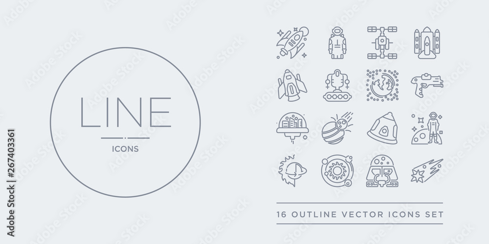 16 line vector icons set such as shooting star, simulator, solar system ...