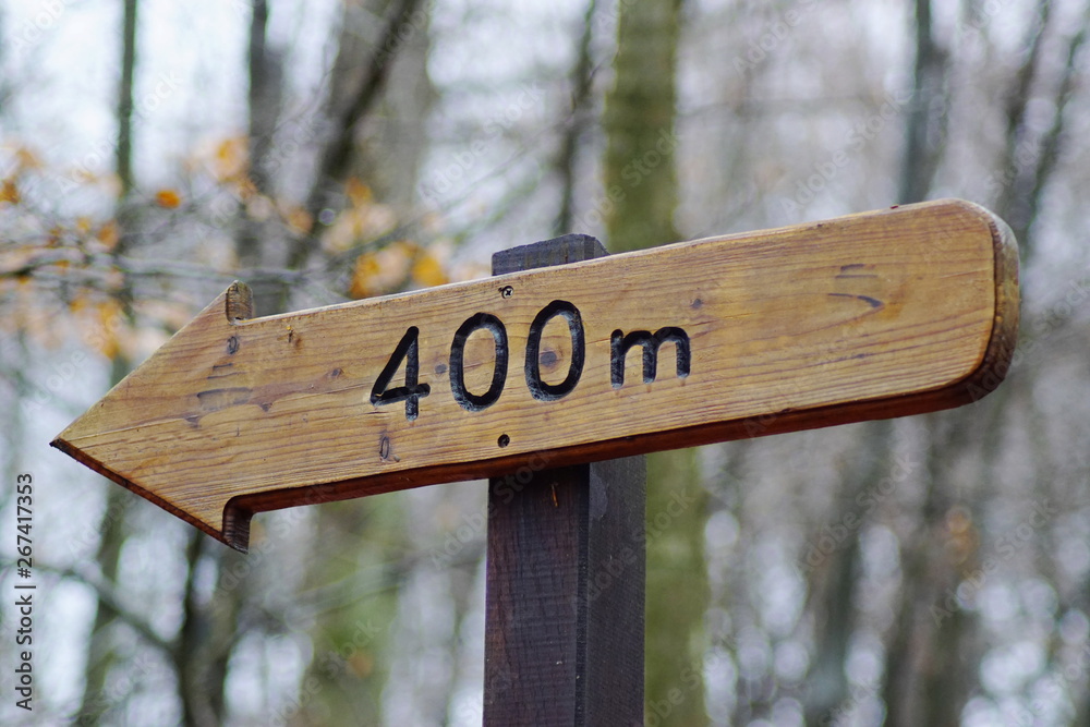 Ein Wegweiser in Form eines Pfeils als Richtungsschild aus Holz mit der ...