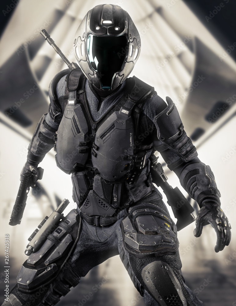 Portrait of a futuristic armored female soldier ready for battle with ...