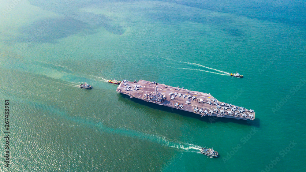 Top View Aircraft Carrier warship battleship In the ocean Stock Photo ...