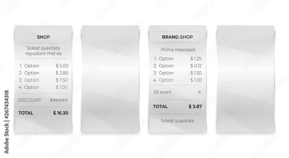 Shop receipt. Realistic restaurant bill and blank invoice paper ...