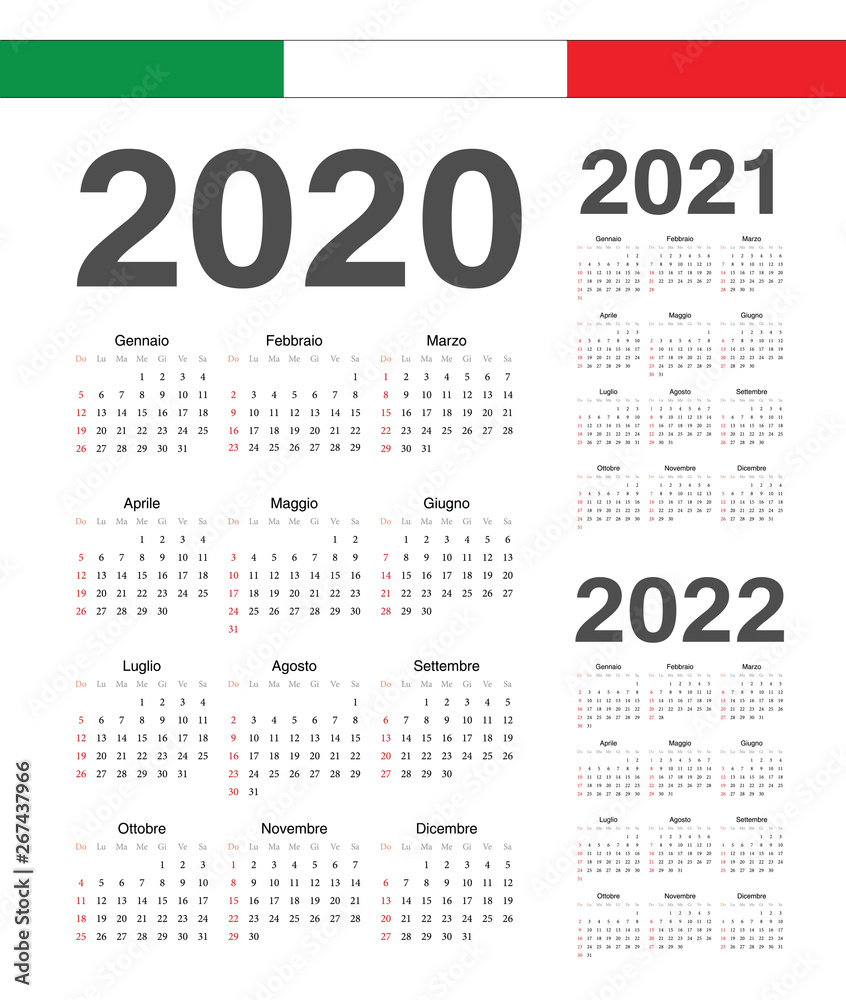 Set of Italian 2020, 2021, 2022 year vector calendars. Stock Vector ... Set of Italian 2020, 2021, 2022 year vector calendars. Stock Vector ...