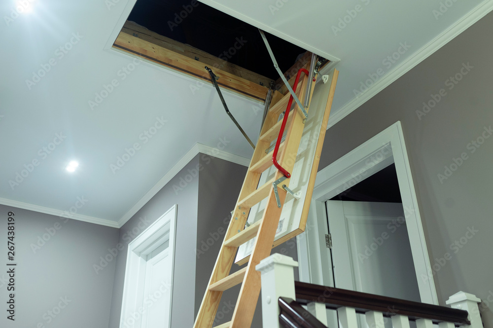 folding attic ladder. Wooden pull down attic folding stairs in small ...