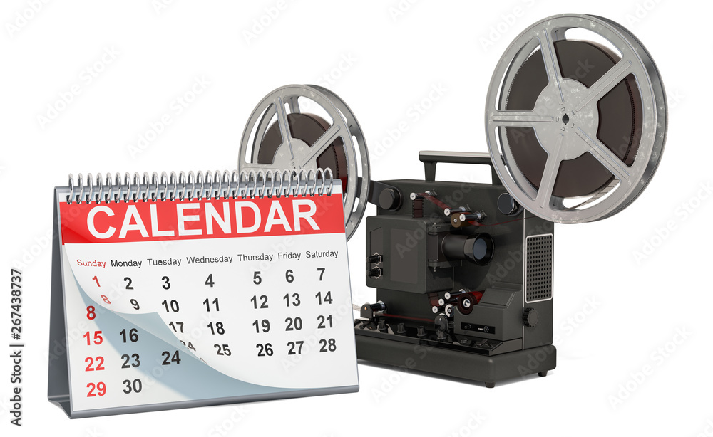 Desk calendar with cinema projector. Movie releases calendar concept ...