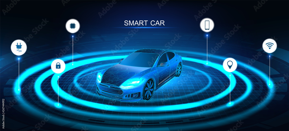 Isometric smart car banner. Electric machine. Autonomous car vehicle ...