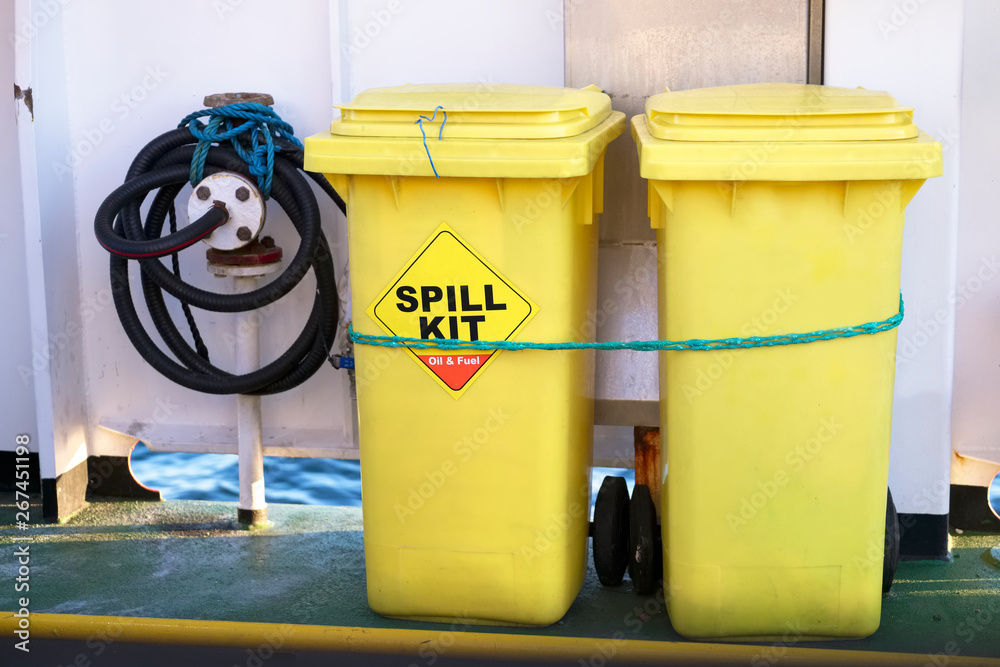 Spill kit yellow wheelie bin for health and safety of chemical, oil ...