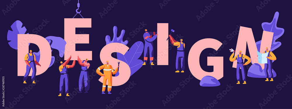 Design Concept. Building Construction Process with Crane and Workers ...