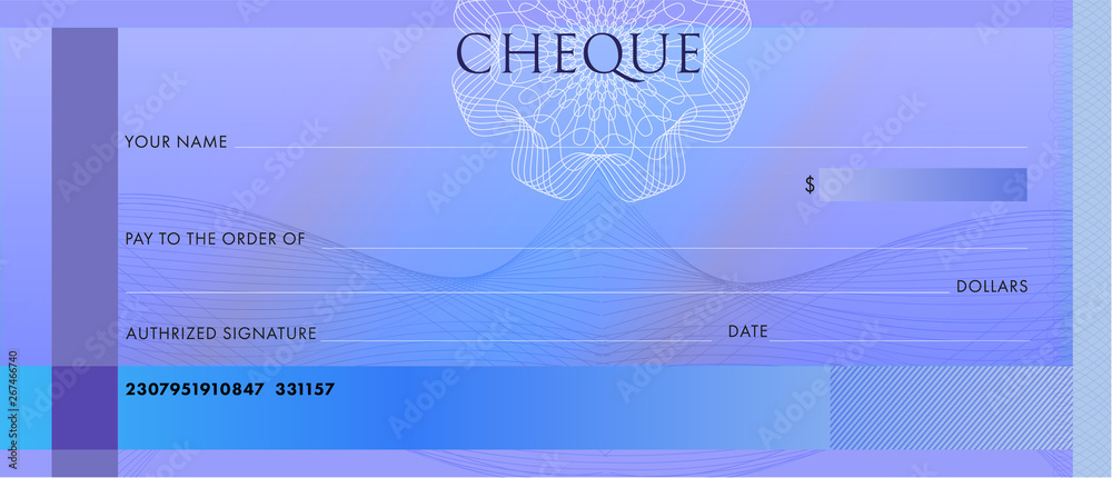 Check template, Chequebook template. Blank blue business bank cheque ...
