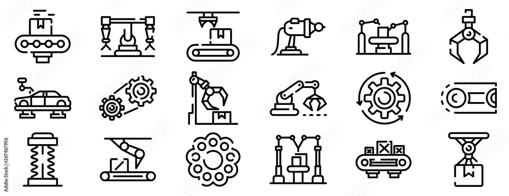 Assembly line icons set. Outline set of assembly line vector icons for ...