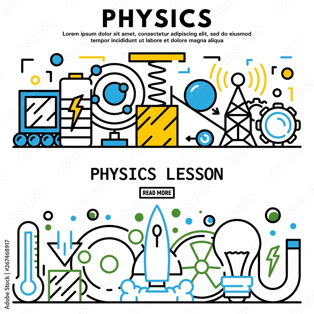 Physics lesson banner set. Outline set of physics lesson vector banner ...
