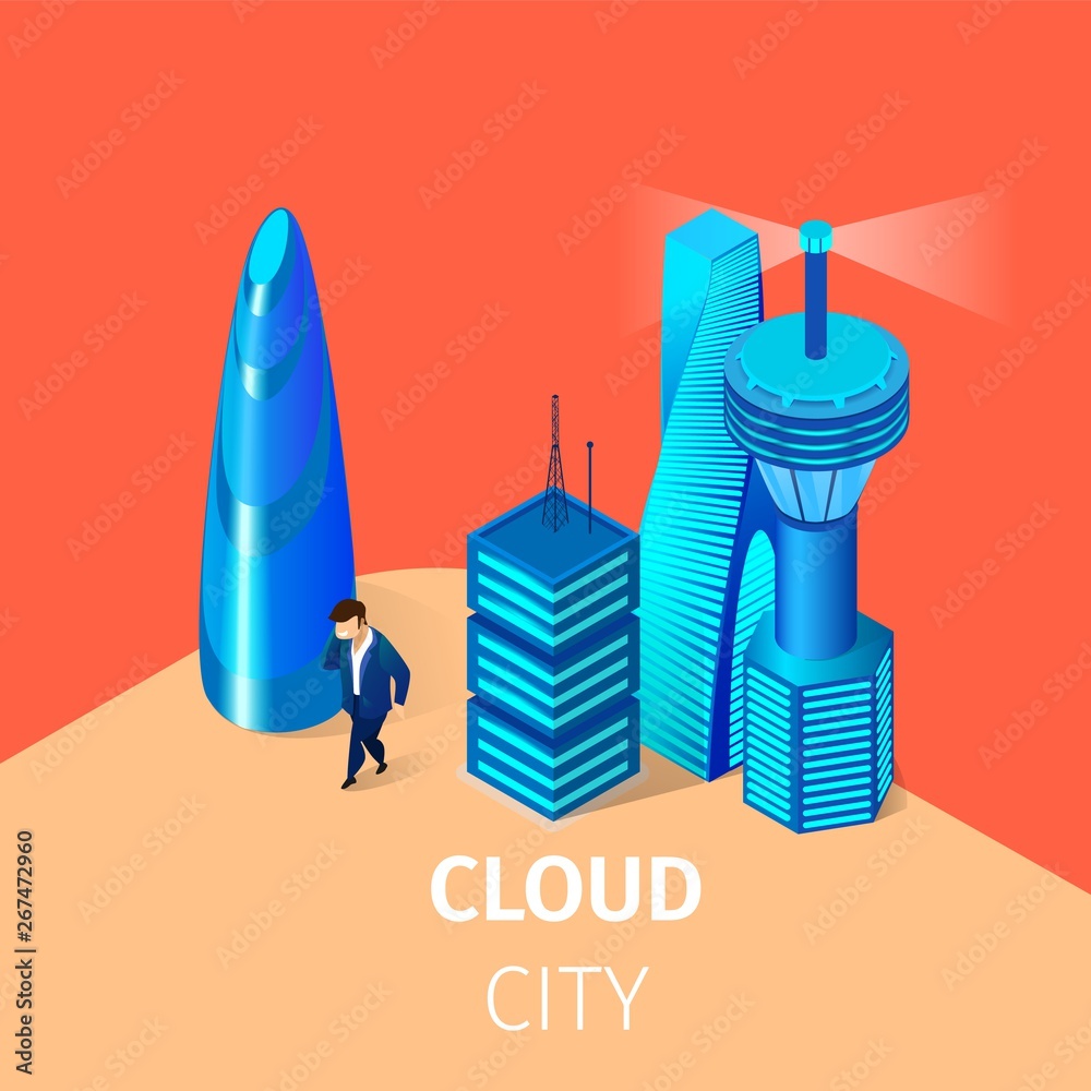 Man Walk at Smart Cloud City. Intelligent Buildings, Automation with ...