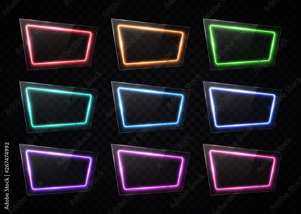 Neon frames set on transparent background. Glowing rectangle signs with ...